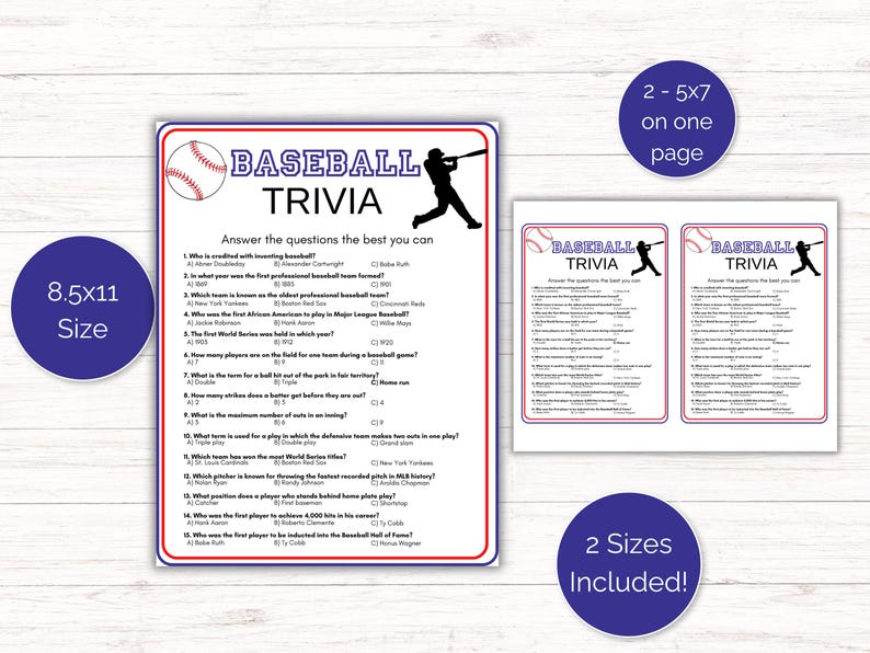 Baseball Trivia Game, Printable Baseball Team Party Games, Baseball ...