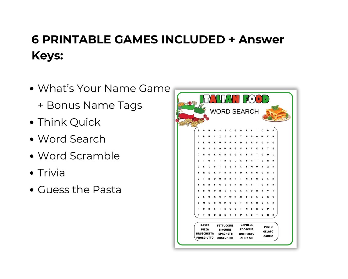 Italian Food Game Bundle, Pasta Dinner Party Games, Pasta Party Trivia ...