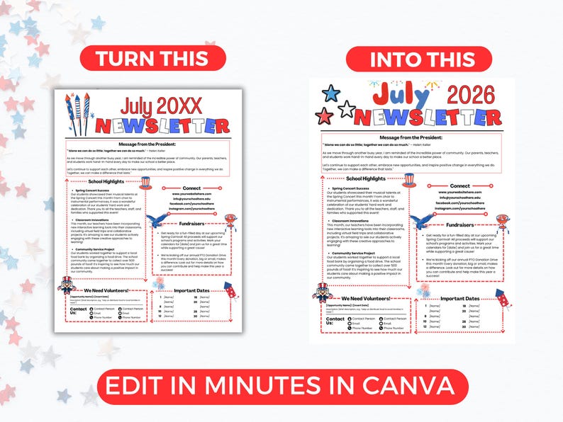 EDITABLE July PTO PTA Newsletter Template, Monthly Classroom July ...