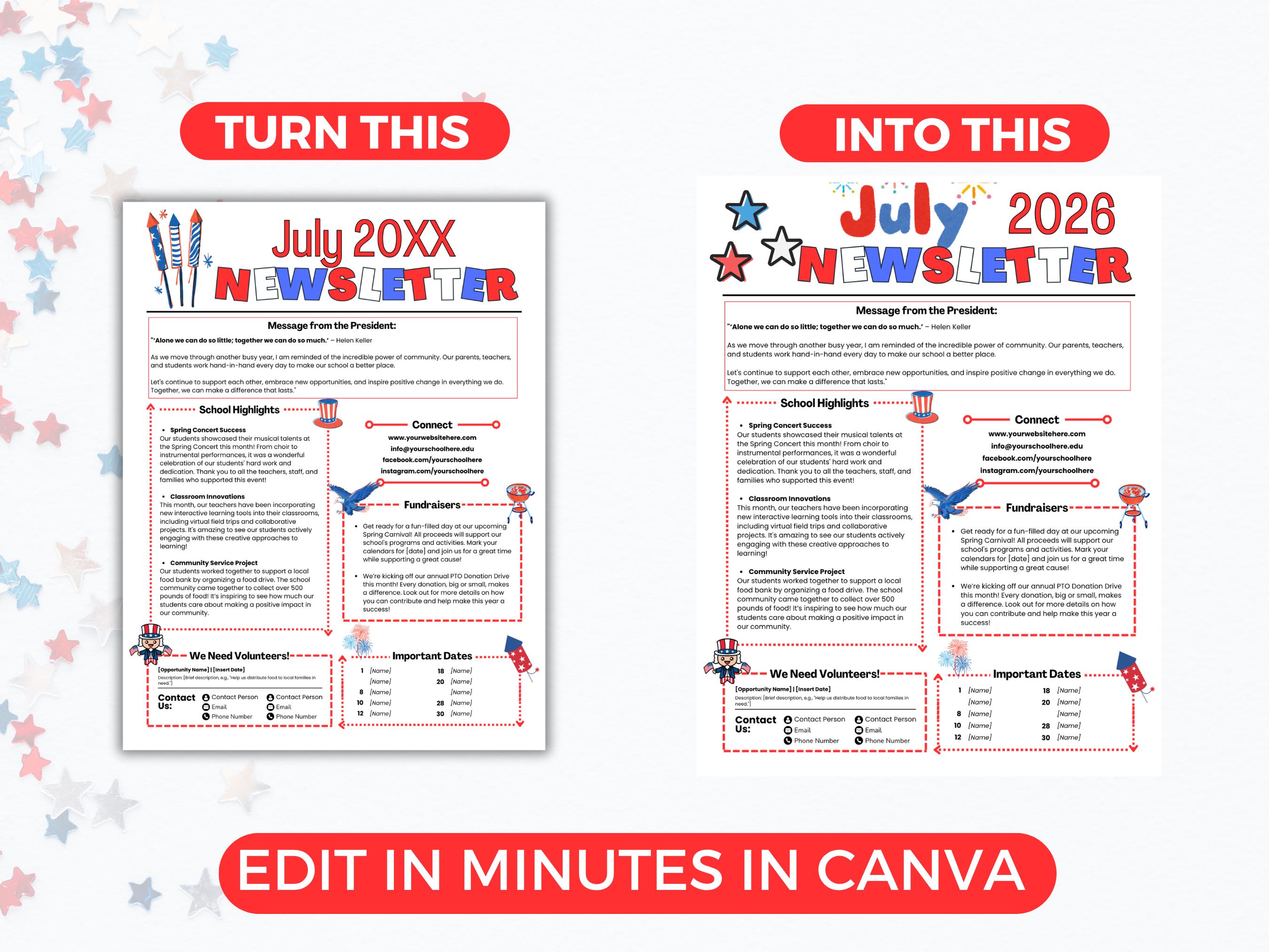 EDITABLE July PTO PTA Newsletter Template, Monthly Classroom July ...