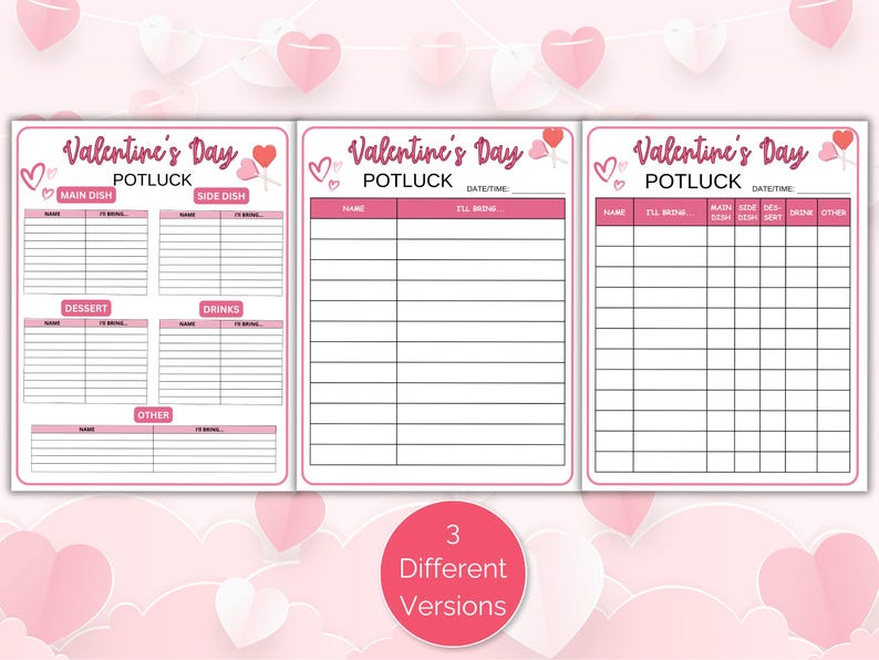 Valentines Day Potluck Sign up Sheet, Printable Valentines Day Party ...