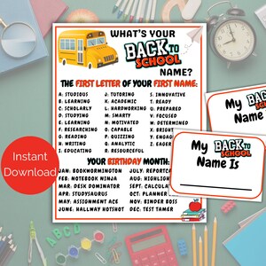 What's Your Back to School Name Game + Name Tags, First Day of School ...