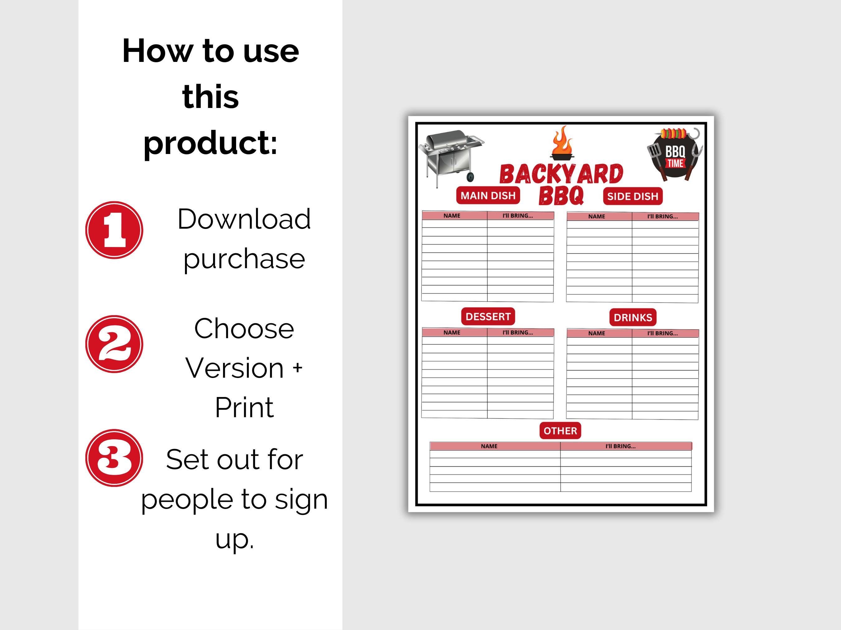 Backyard BBQ Sign up Sheet, Printable Barbecue Potluck Sign up Form ...