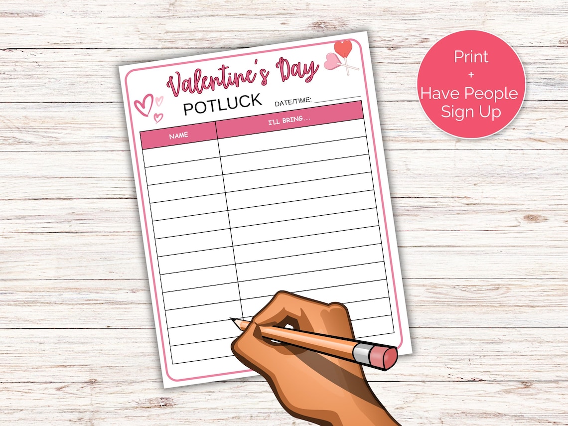 Valentines Day Potluck Sign up Sheet, Printable Valentines Day Party ...