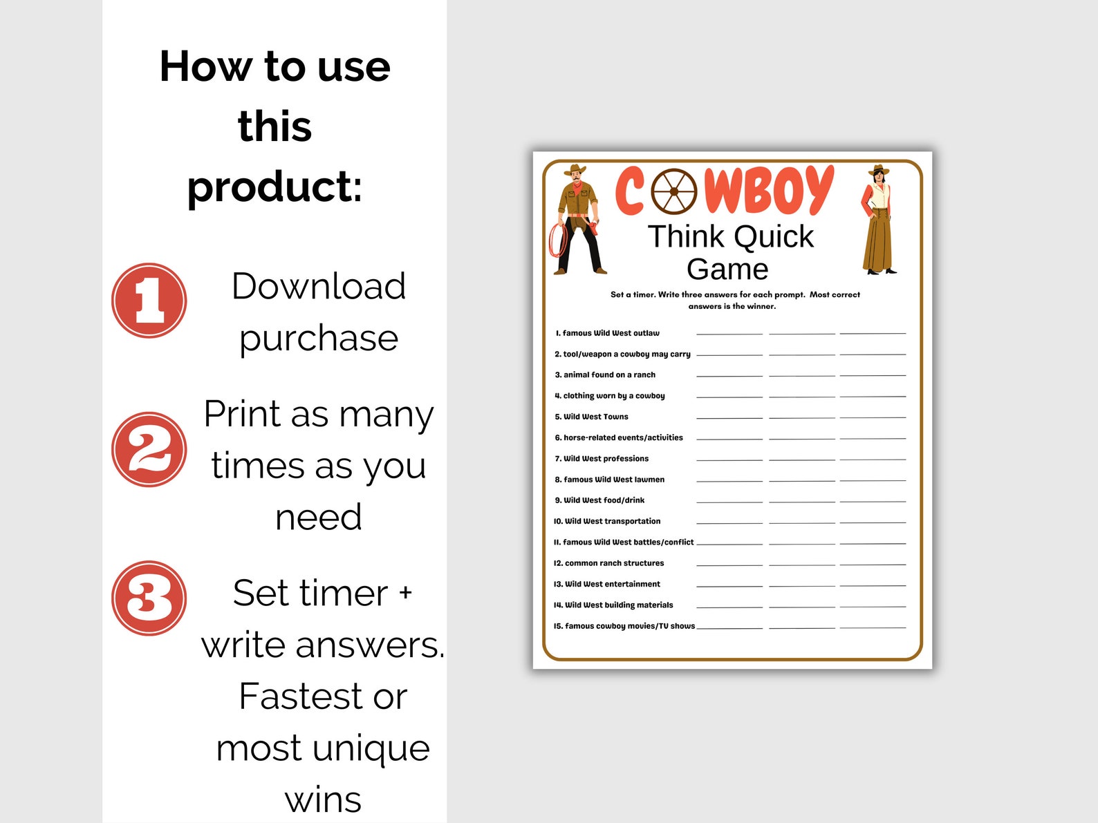 Cowboy Think Quick, Cowboy Party Printable, Western Themed Party Games ...