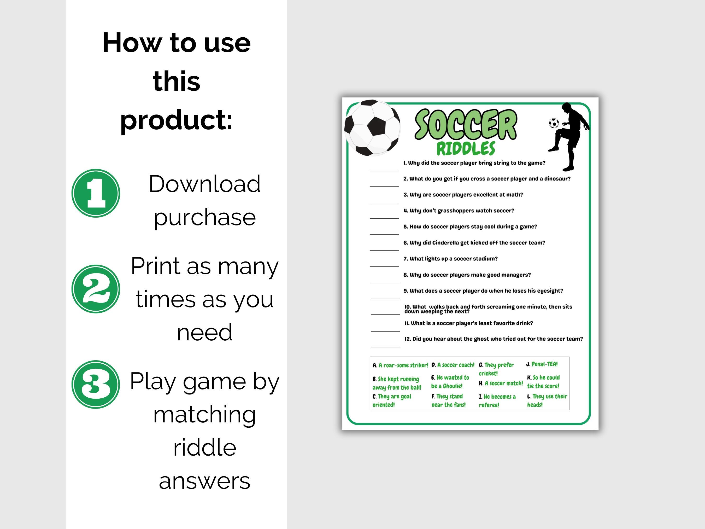 Soccer Jokes, Soccer Riddles, Printable Soccer Party Game, Soccer ...