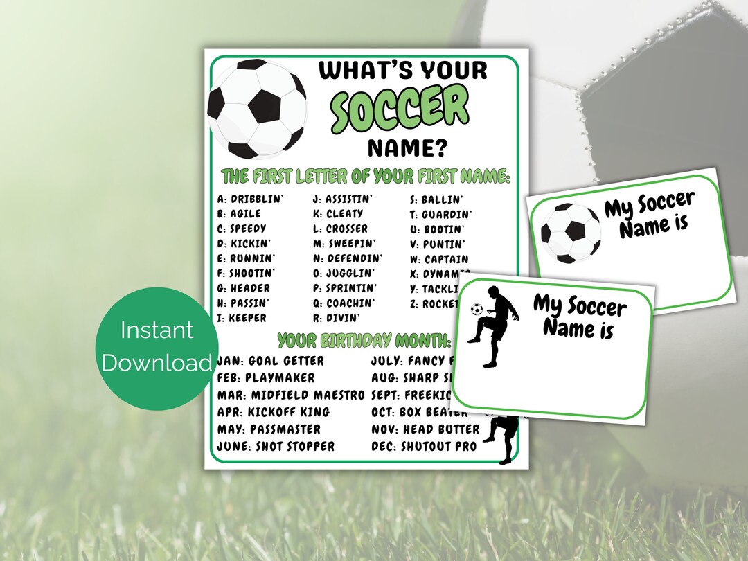 What's Your Soccer Name Game + Name Tags, Soccer Birthday Party ...