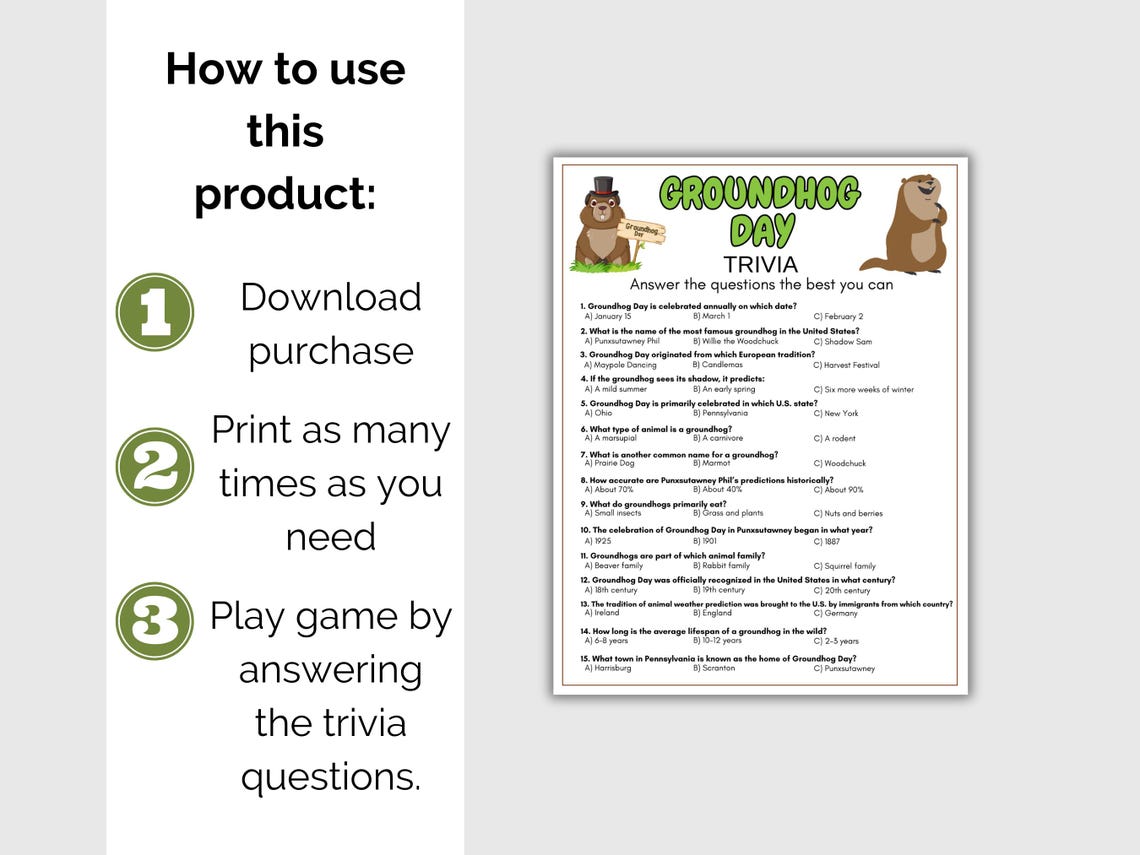 Groundhog Trivia Game, Groundhog Quiz, Printable Groundhog Day Game for ...