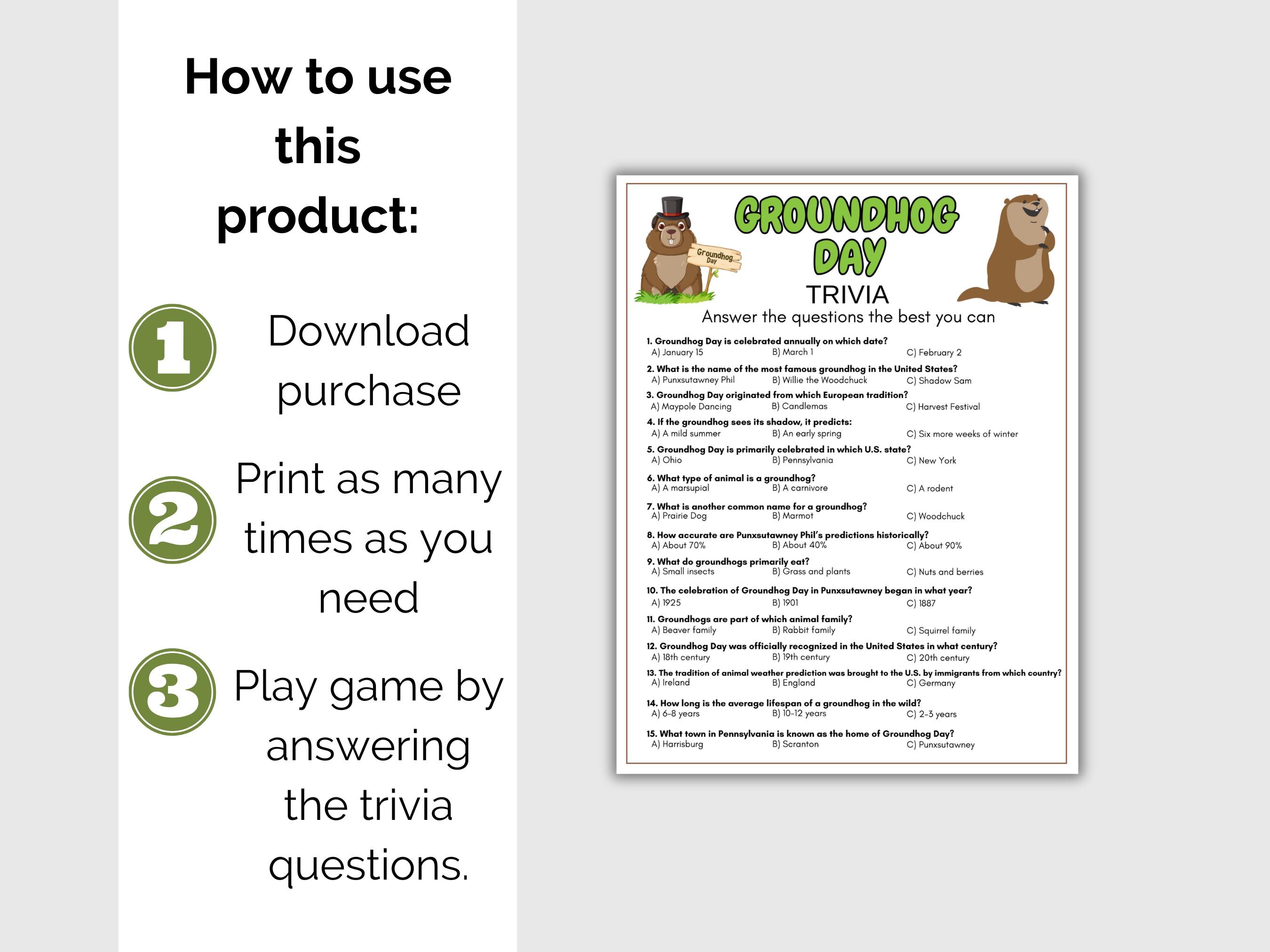 Groundhog Trivia Game, Groundhog Quiz, Printable Groundhog Day Game for ...