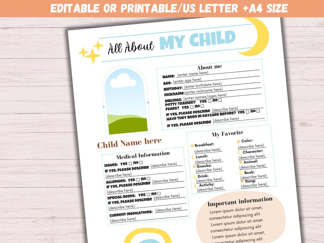 Editable All About My Child Form, Student Information Sheet, Daycare ...
