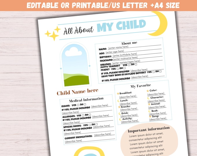 Printable Daycare All About Me Form, Child Information Sheet, Daycare ...