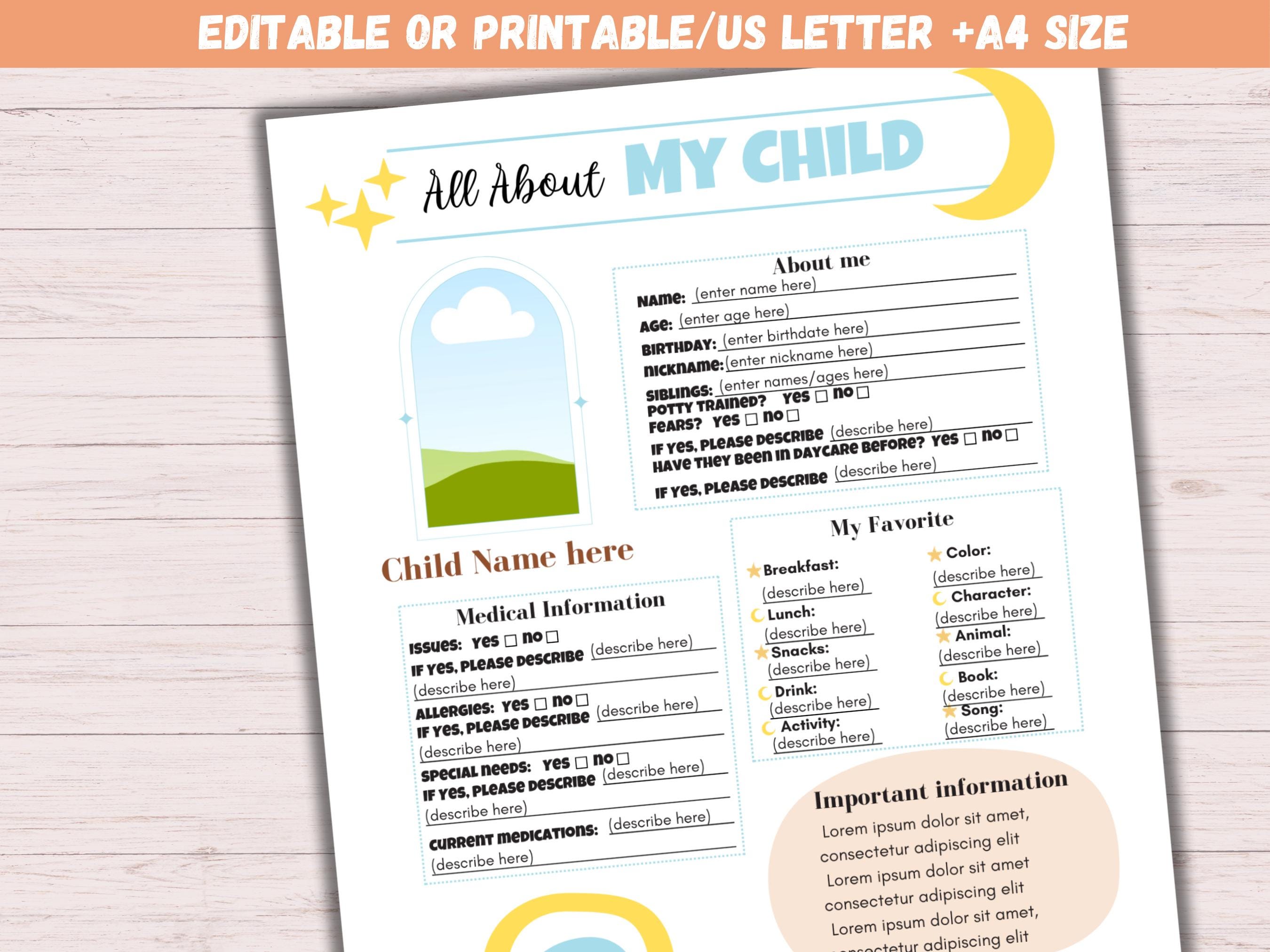Editable All About My Child Form, Student Information Sheet, Daycare ...