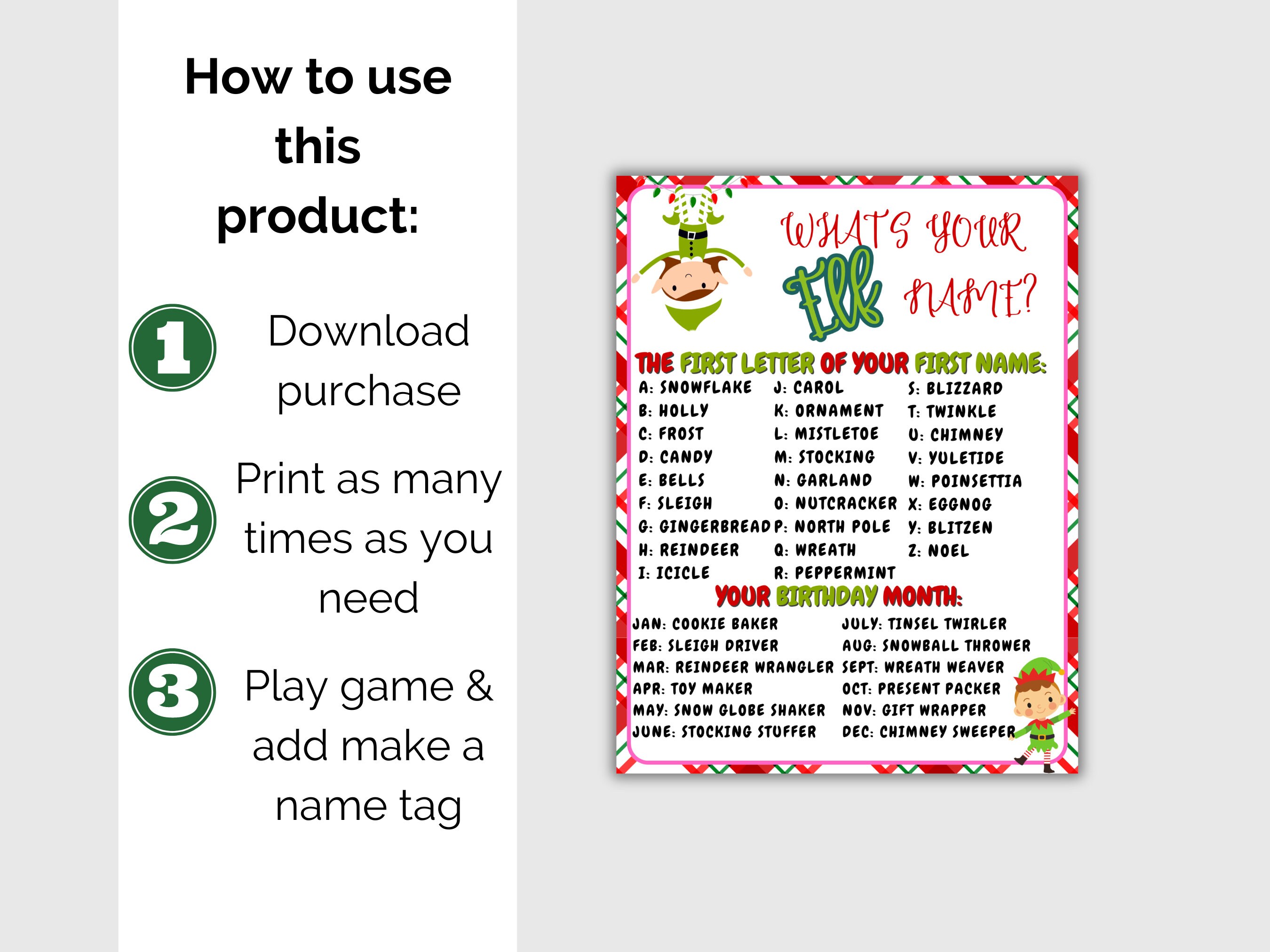 What's Your Elf Name Game + Name Tags, Christmas Party Game, Christmas ...