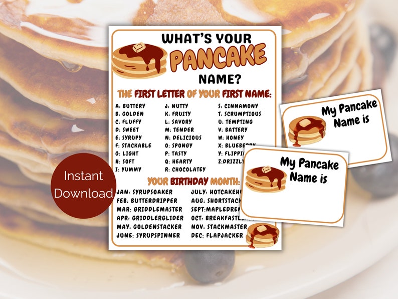 What's Your Pancake Name Game + Name Tags, Pancake Party Game, Pancake ...