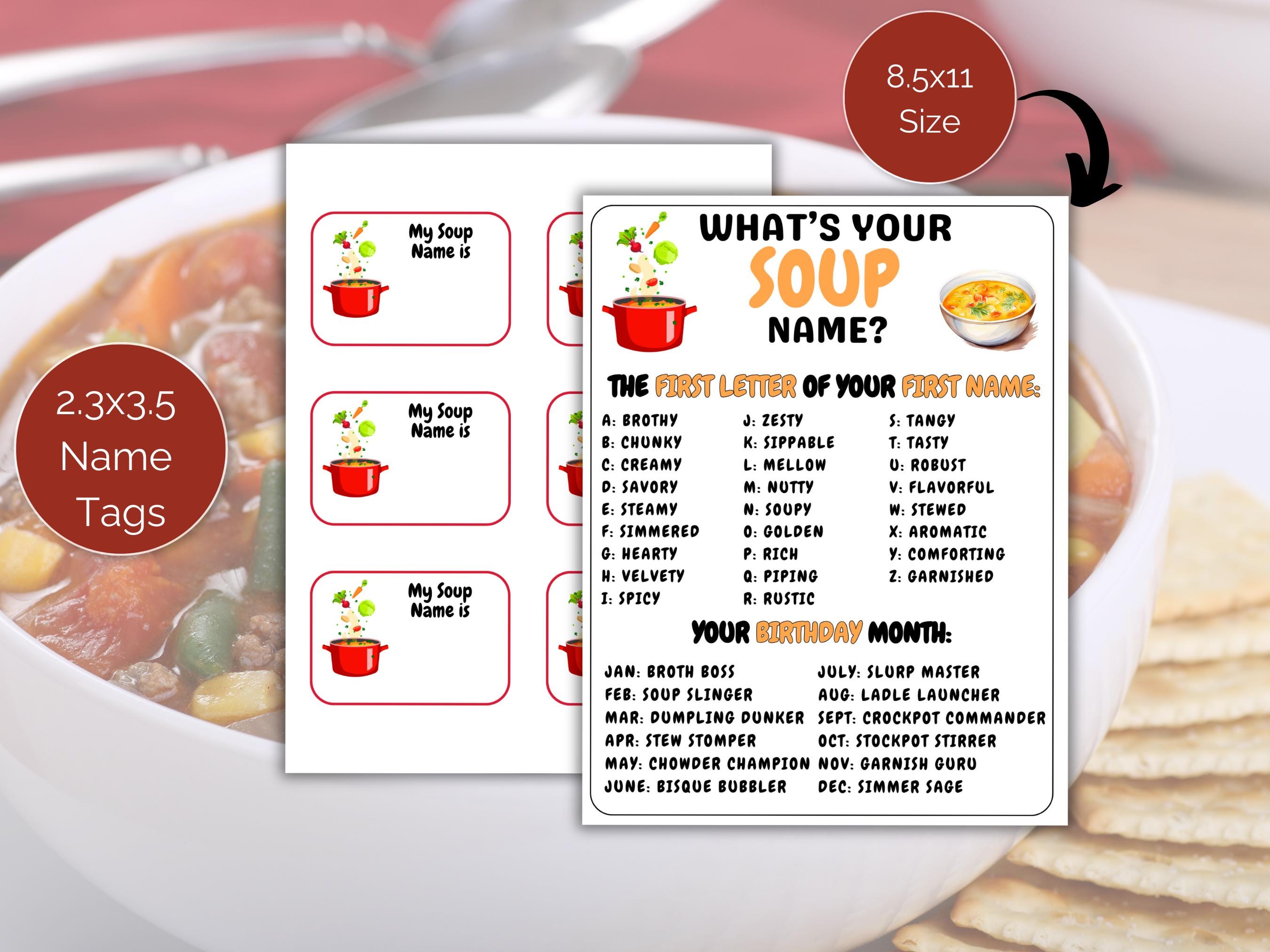 What's Your Soup Name Game + Name Tags, Printable Soup Cook-off Party ...