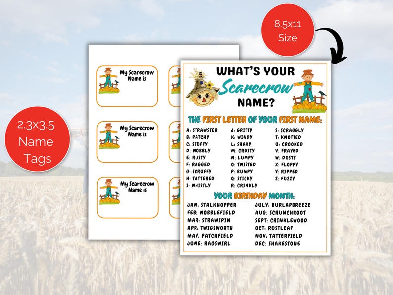 What's Your Scarecrow Name Game + Name Tags, Printable Fall Birthday ...