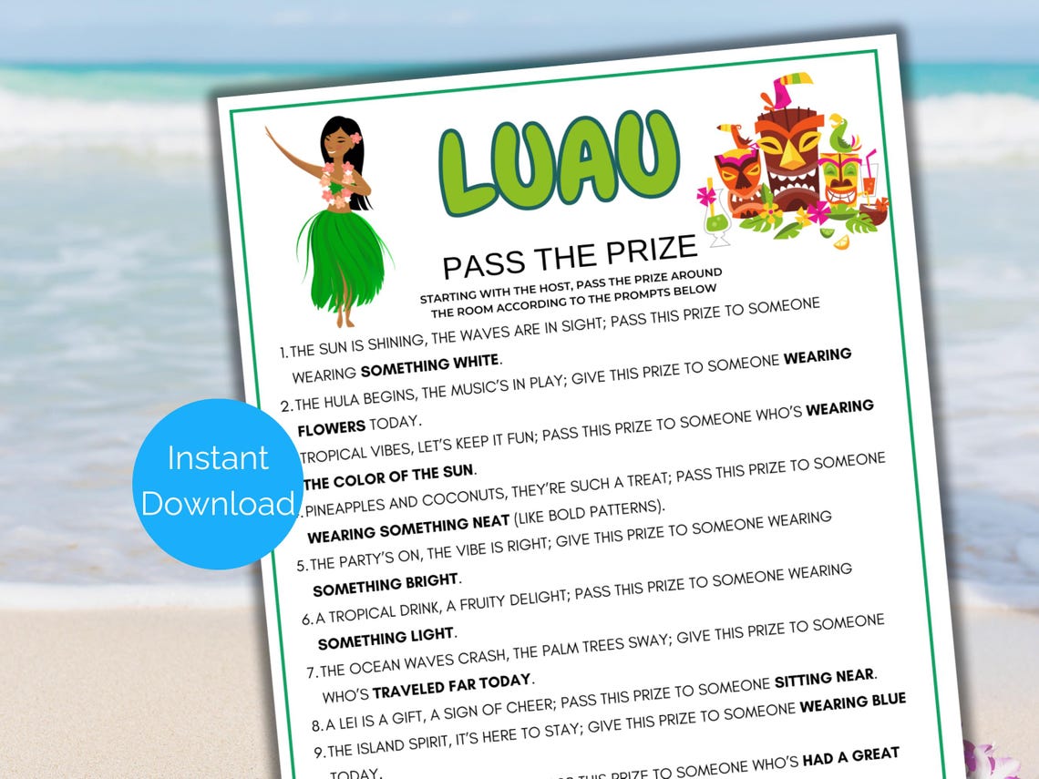 Luau Pass the Prize, Printable Luau Pass the Parcel Game, Luau Party ...