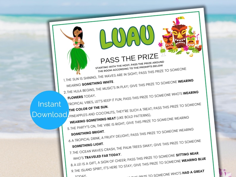 Luau Pass the Prize, Printable Luau Pass the Parcel Game, Luau Party ...
