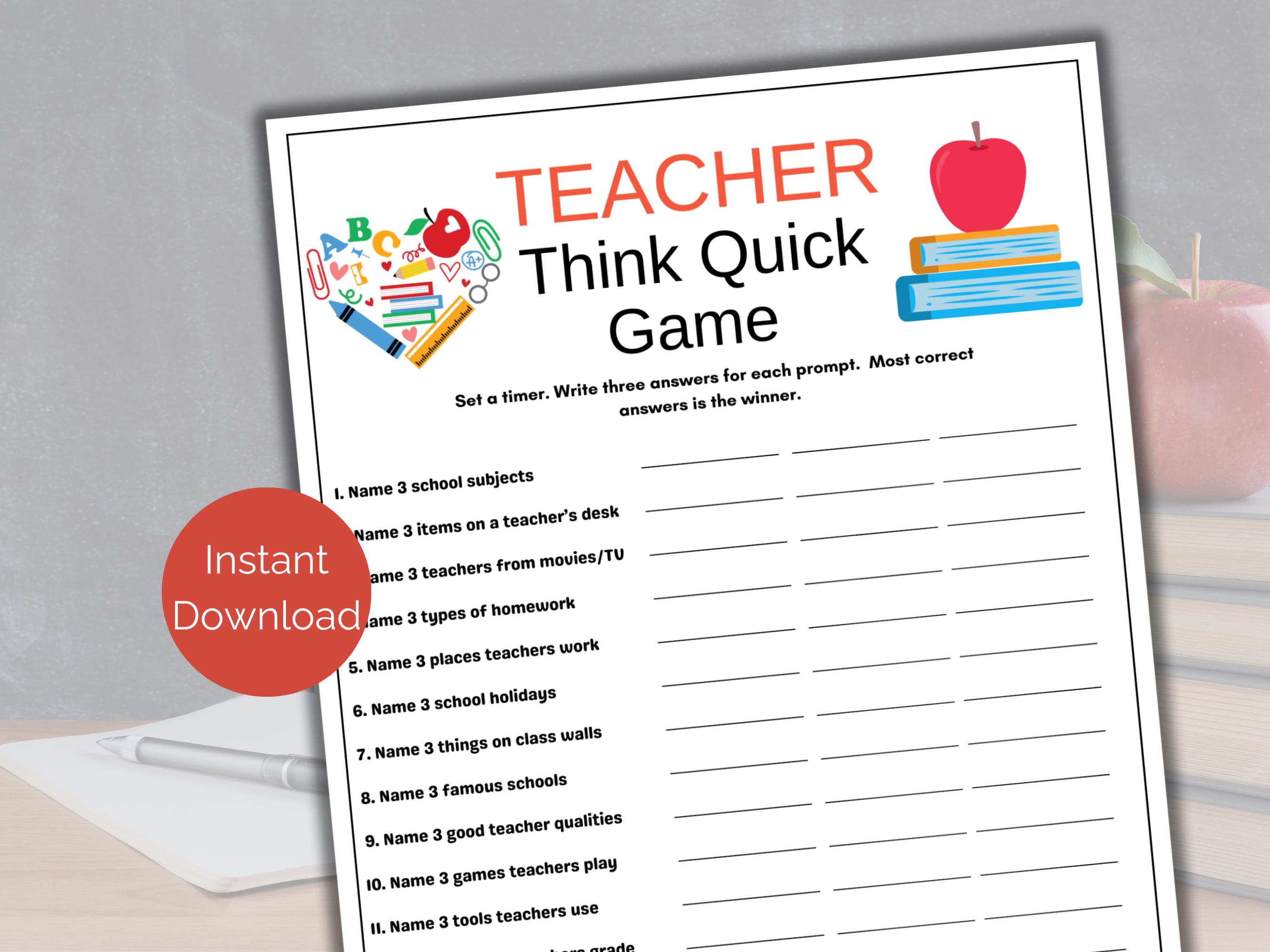 Teacher Think Quick, Teacher Appreciation Game, Teacher Retirement Game ...
