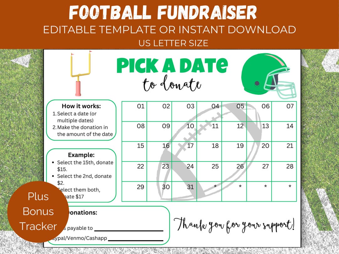 Editable Football Pick A Date, Football Fundraiser Calendar, Football ...