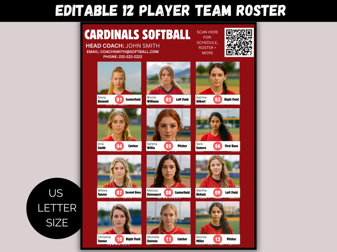 Editable 12 Player Team Roster Template, Customizable Travel Team ...