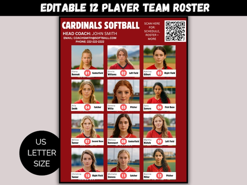 Editable 12 Player Team Roster Template, Customizable Travel Team ...