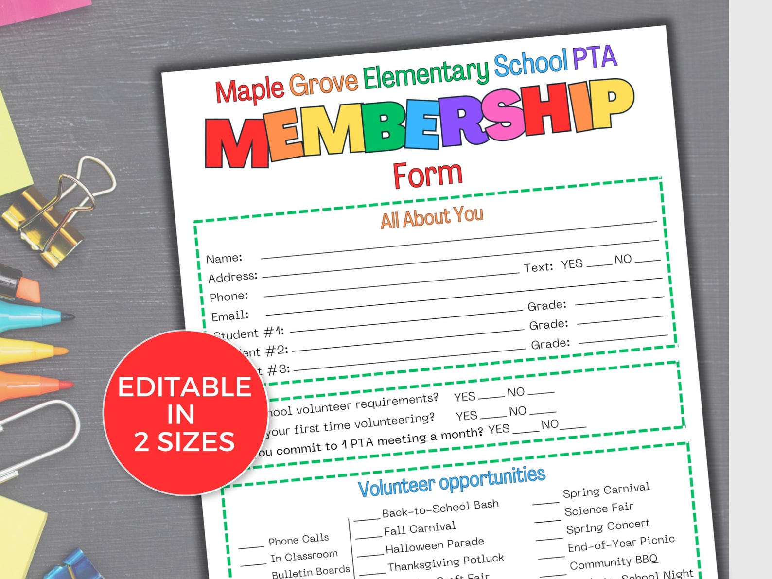 EDITABLE PTA PTO Membership Form Template, Pta Parent Volunteer Sign up ...