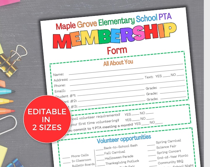 EDITABLE PTA PTO Membership Form Template, Pta Parent Volunteer Sign up ...