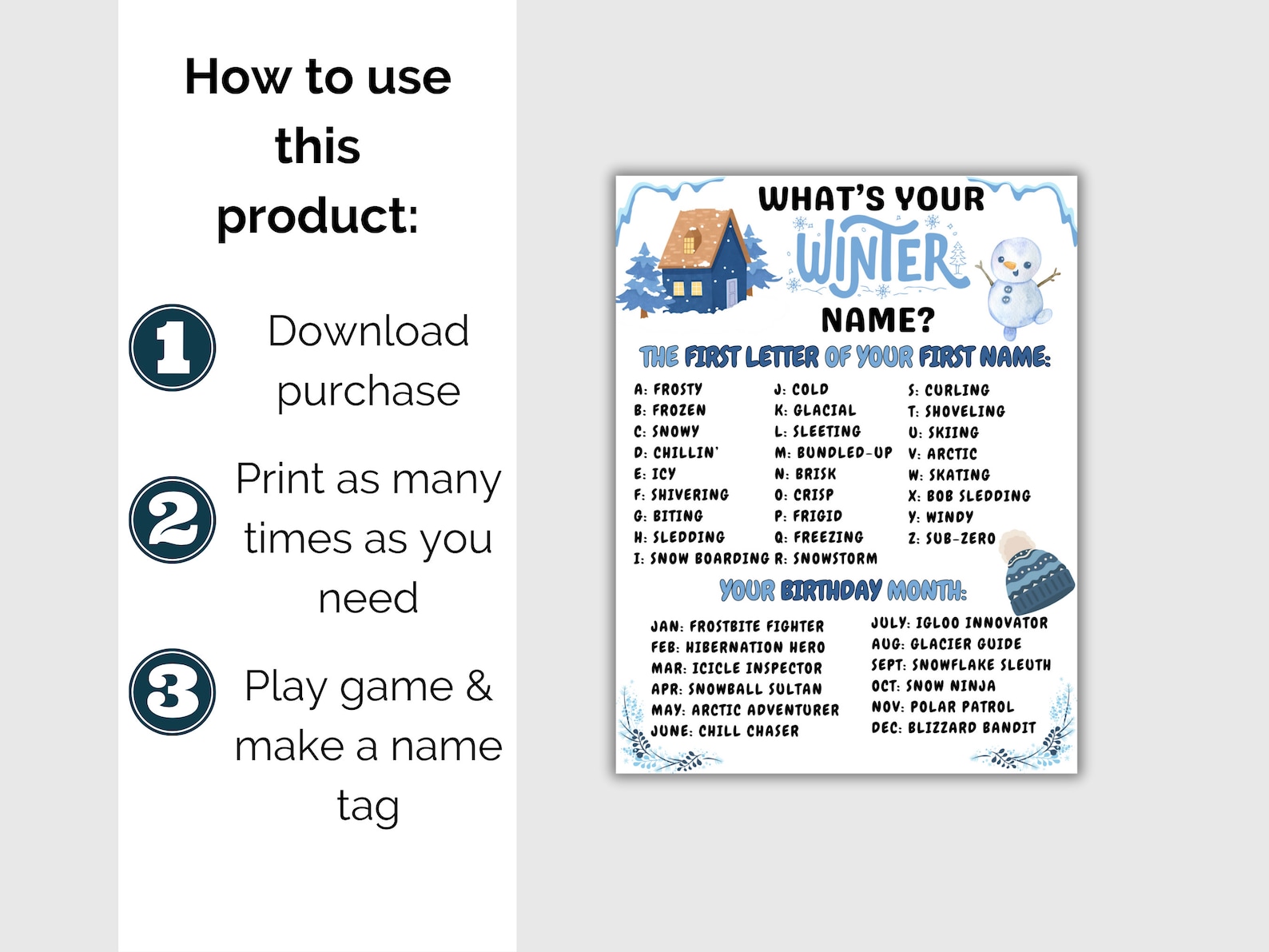 What's Your Winter Name Game + Name Tags, Winter Game Activity, Winter ...