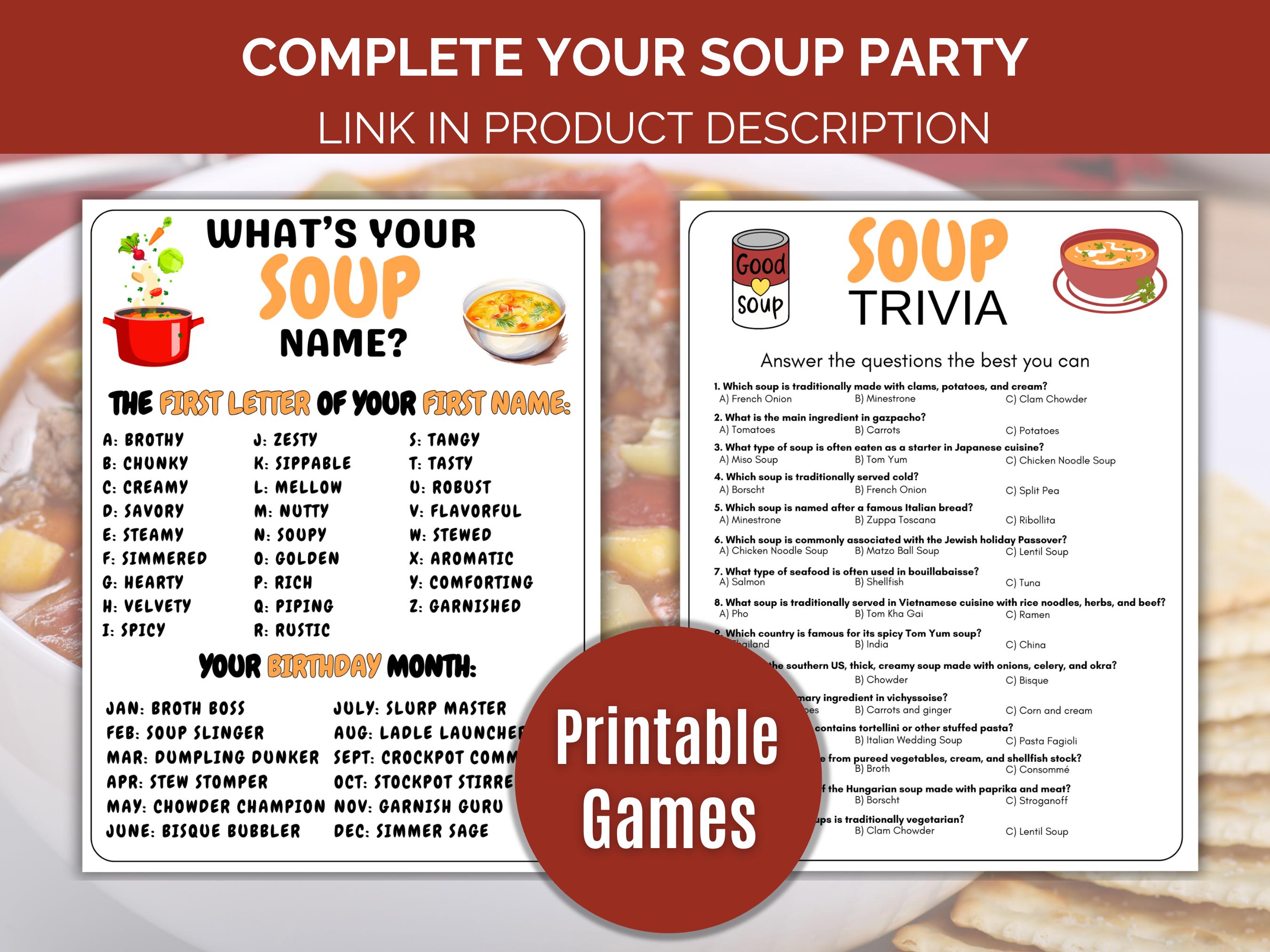 Soup Match Game, Printable Soup Trivia Game, Soup Cookoff Game for Kids ...