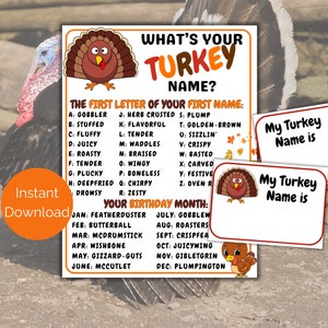 What's Your Turkey Name Game + Name Tags, Thanksgiving Party Games ...