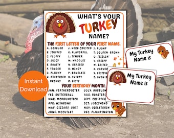 What's Your Turkey Name Game, Thanksgiving Games Printable for Family ...