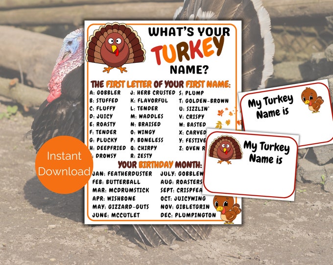 What's Your Turkey Name Game + Name Tags, Thanksgiving Party Games ...