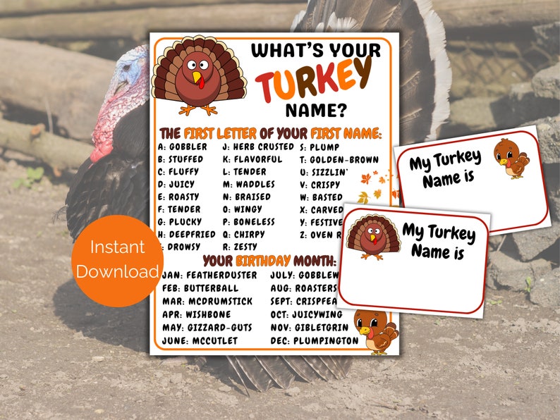 What's Your Turkey Name Game + Name Tags, Thanksgiving Party Games ...