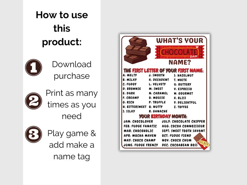 What's Your Chocolate Name Game + Name Tags, Chocolate Party Activity ...
