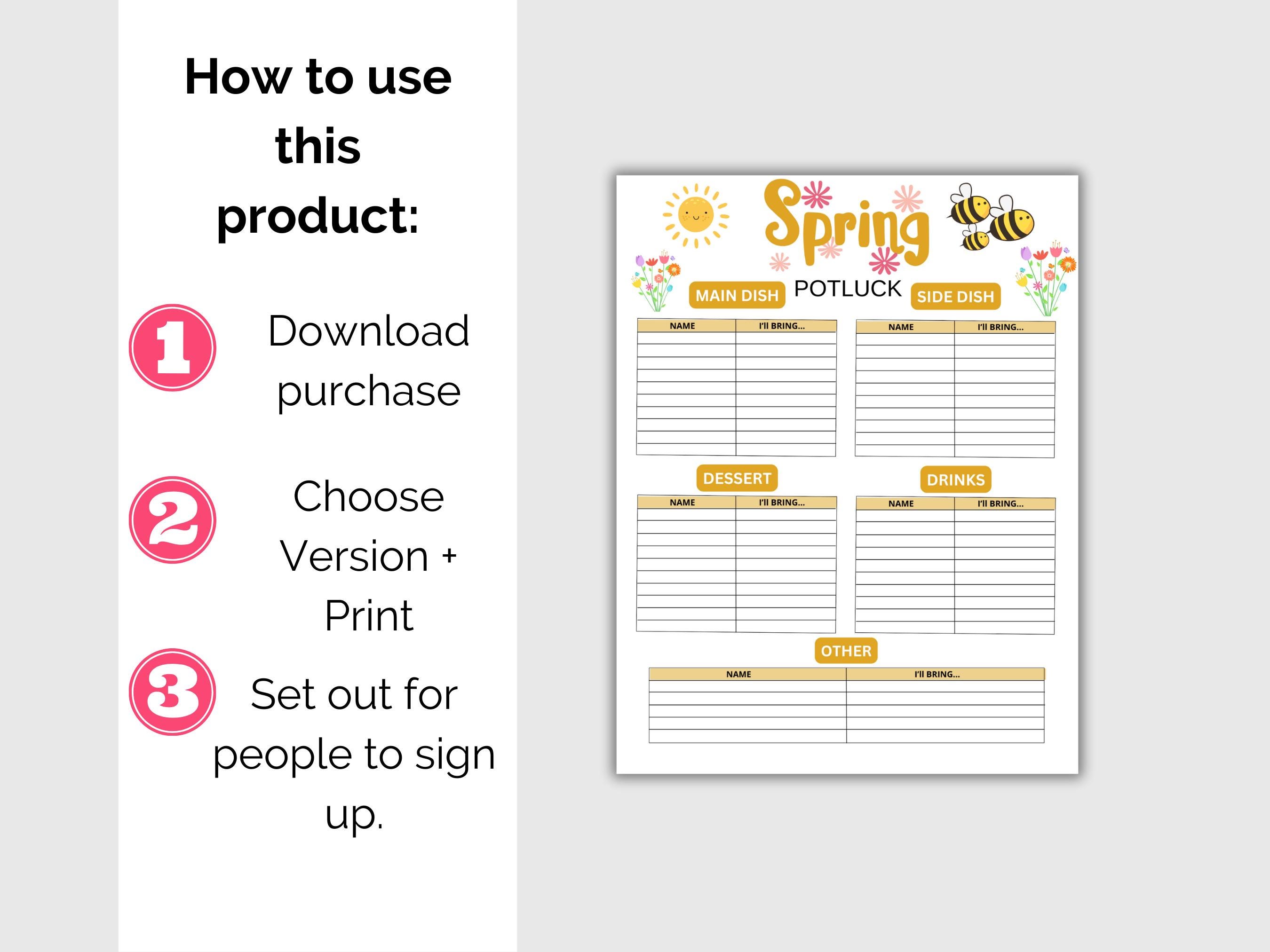 Spring Potluck Sign up Sheet, Printable Spring Party Sign up Form ...