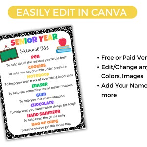Editable Senior Year Survival Kit Gift Tags, Back to School Gift Tag ...