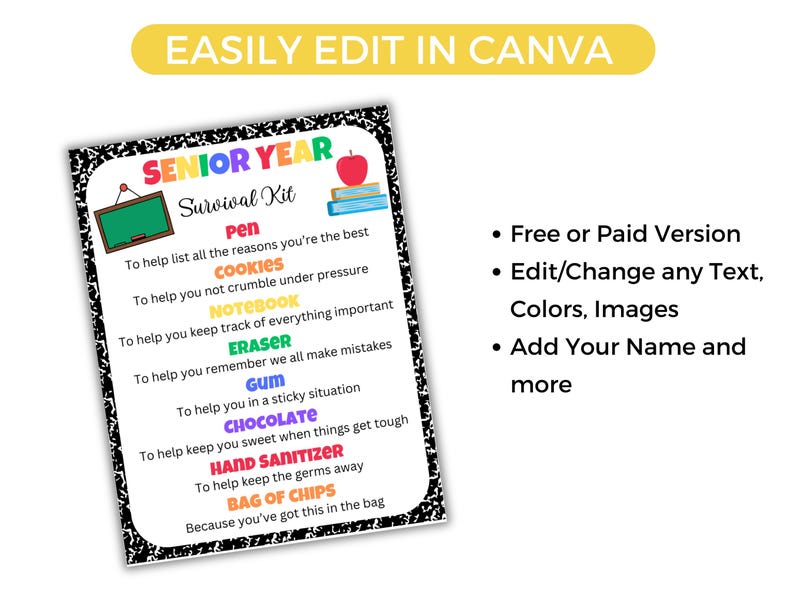 Editable Senior Year Survival Kit Gift Tags, Back to School Gift Tag ...