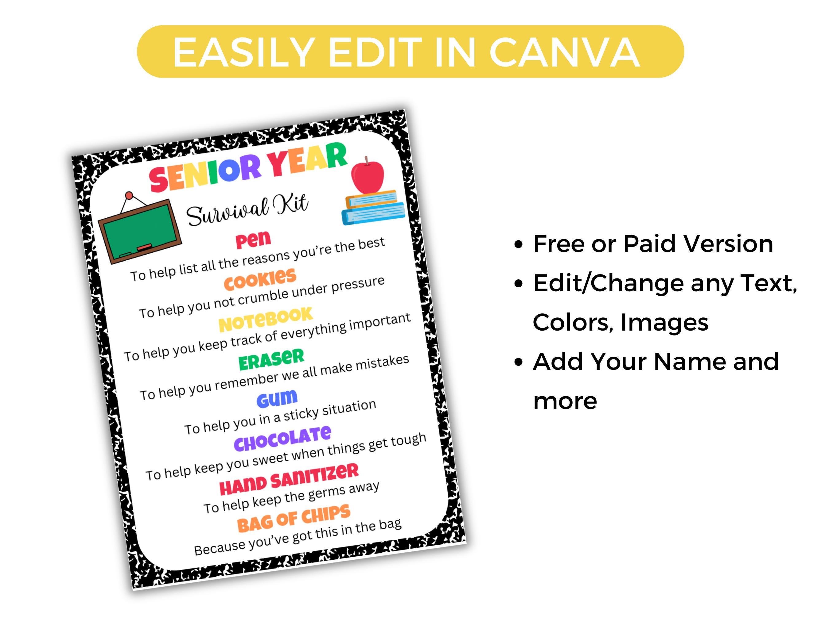 Editable Senior Year Survival Kit Gift Tags, Back to School Gift Tag ...