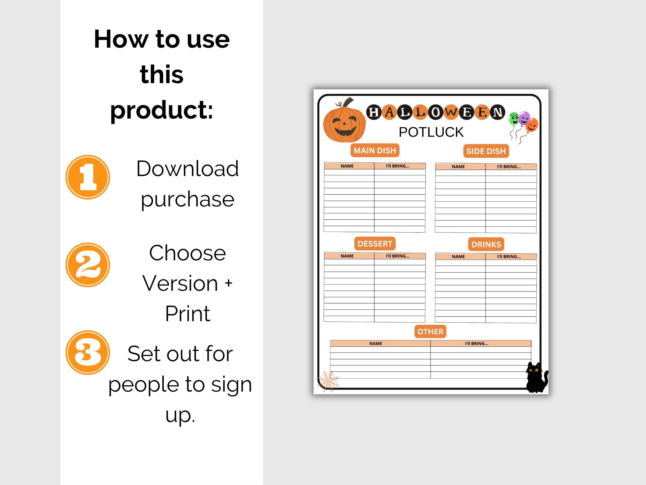 Halloween Potluck Sign up Sheet, Printable Halloween Party Potluck Form ...