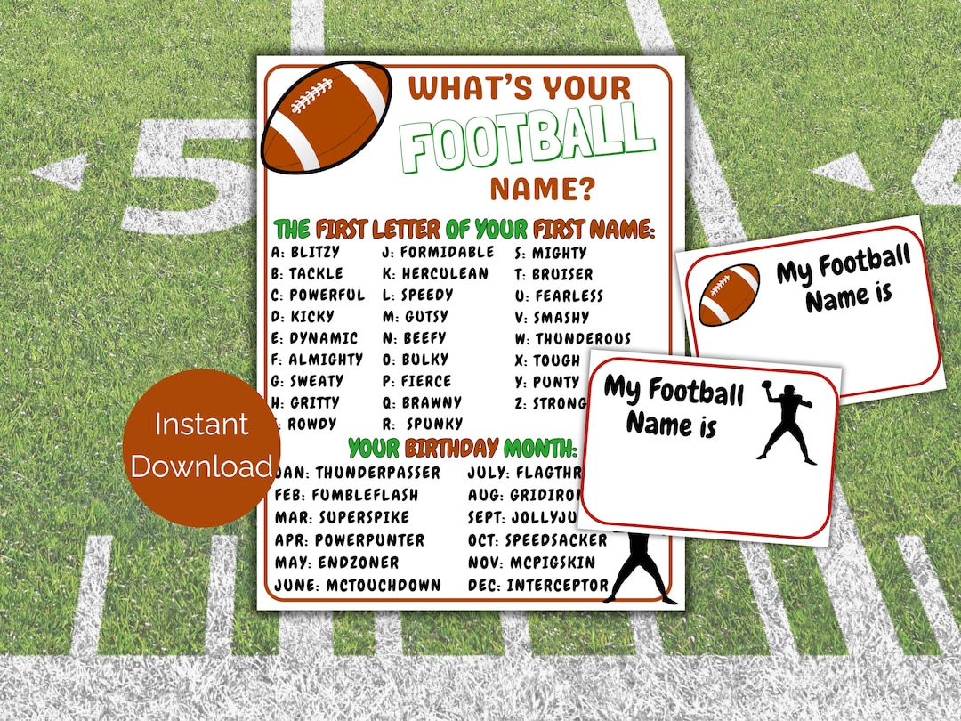 What's Your Football Name Game + Name Tags, Football Party Game ...