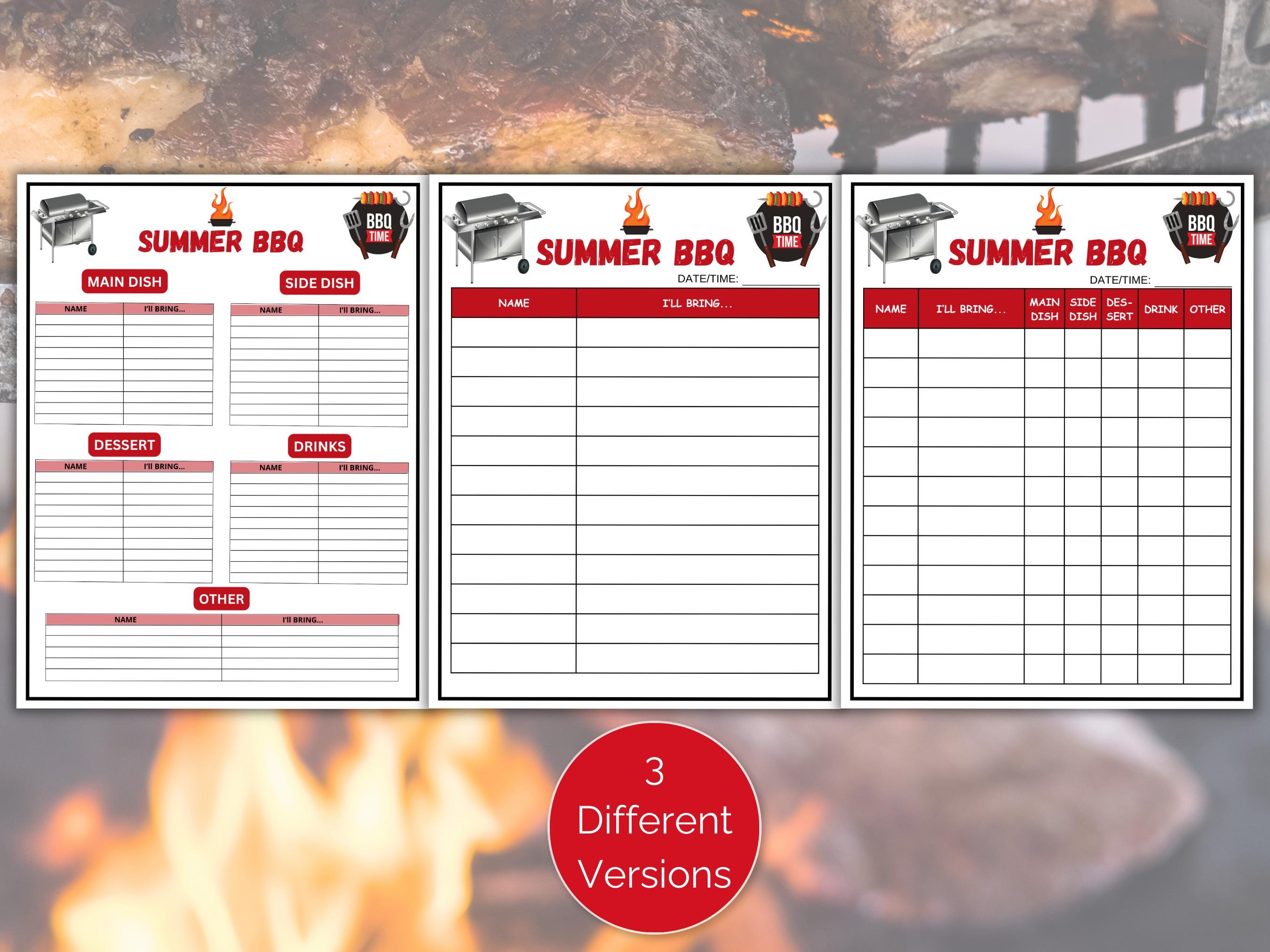 Summer BBQ Sign up Sheet, Printable Summer Cookout Sign up Form, Summer ...