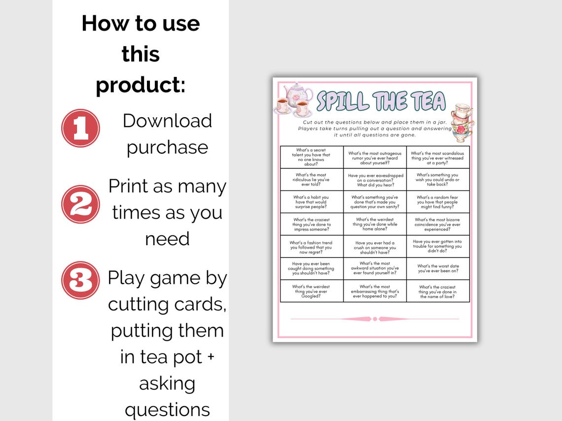 Spill the Tea Game, Printable Tea Party Games, Garden Party Game ...