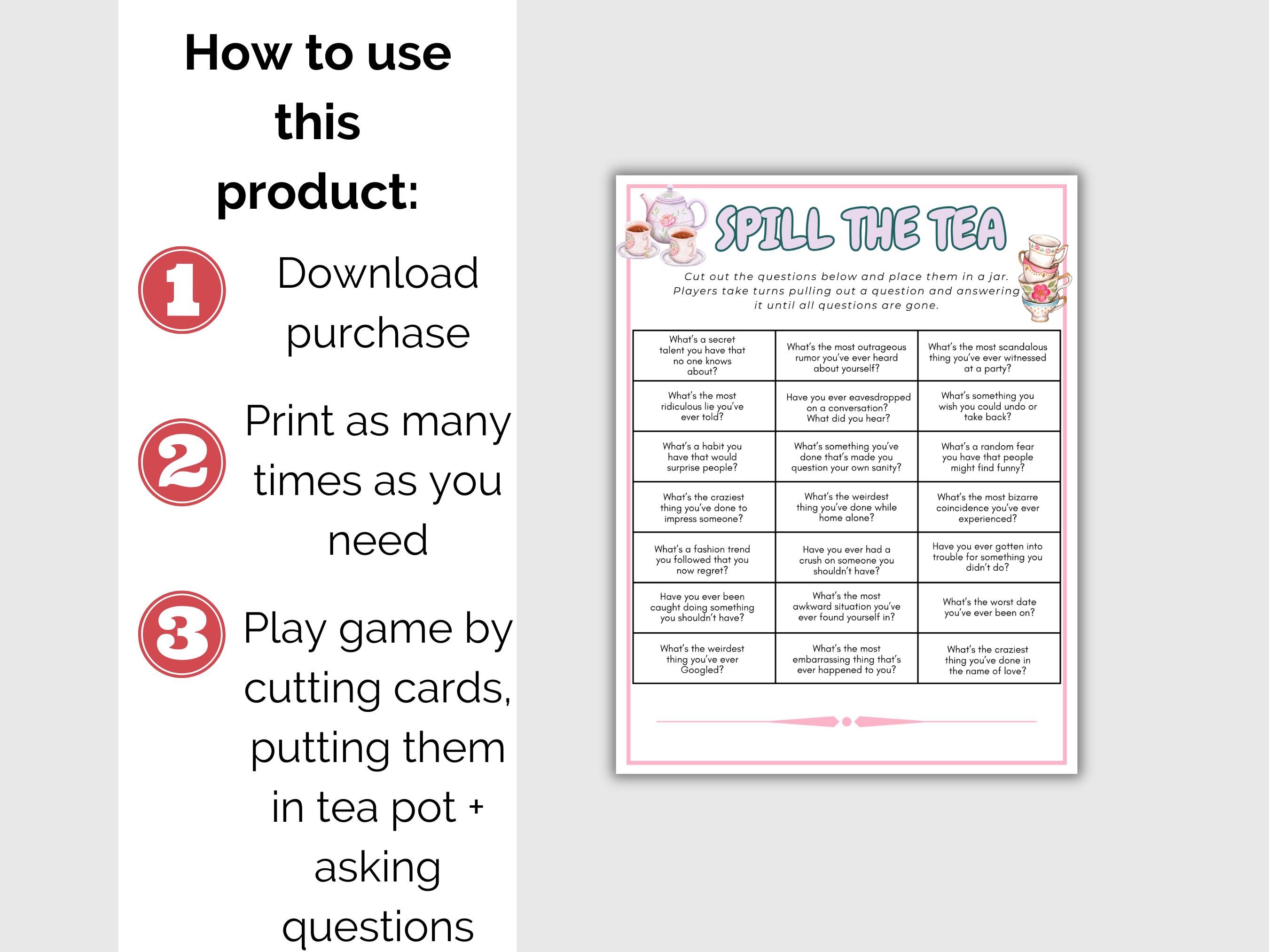 Spill the Tea Game, Printable Tea Party Games, Garden Party Game ...