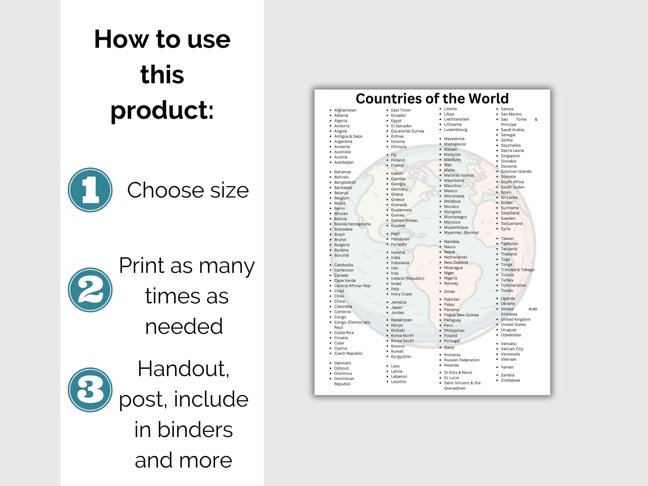 List of Countries of the World, Printable World Countries List, All ...