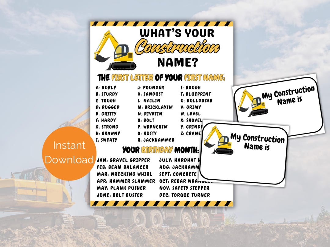 What's Your Construction Name Game + Name Tags, Printable Construction ...