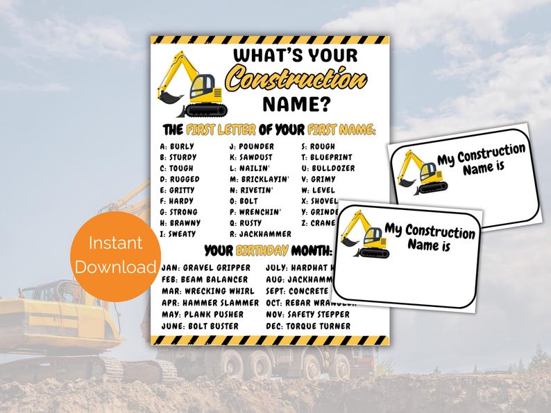 What's Your Construction Name Game + Name Tags, Printable Construction ...