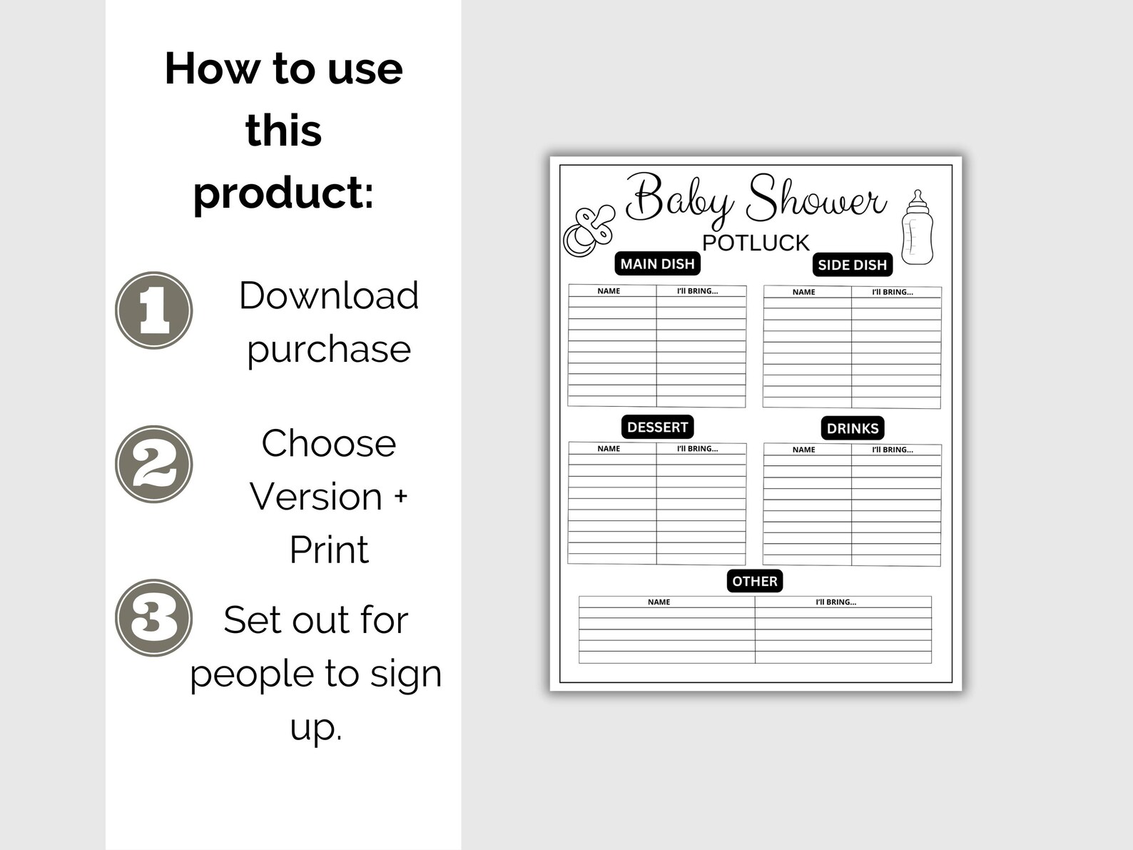 Baby Shower Potluck Sign up Sheet, Printable Baby Shower Potluck Sign ...