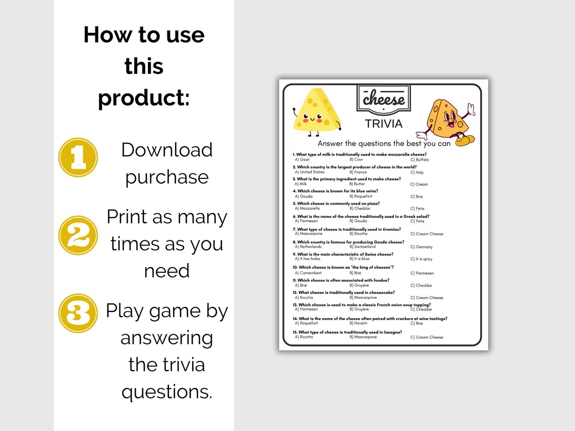 Cheese Trivia Game, Cheese Quiz, Printable Cheese Party Game for Kids ...