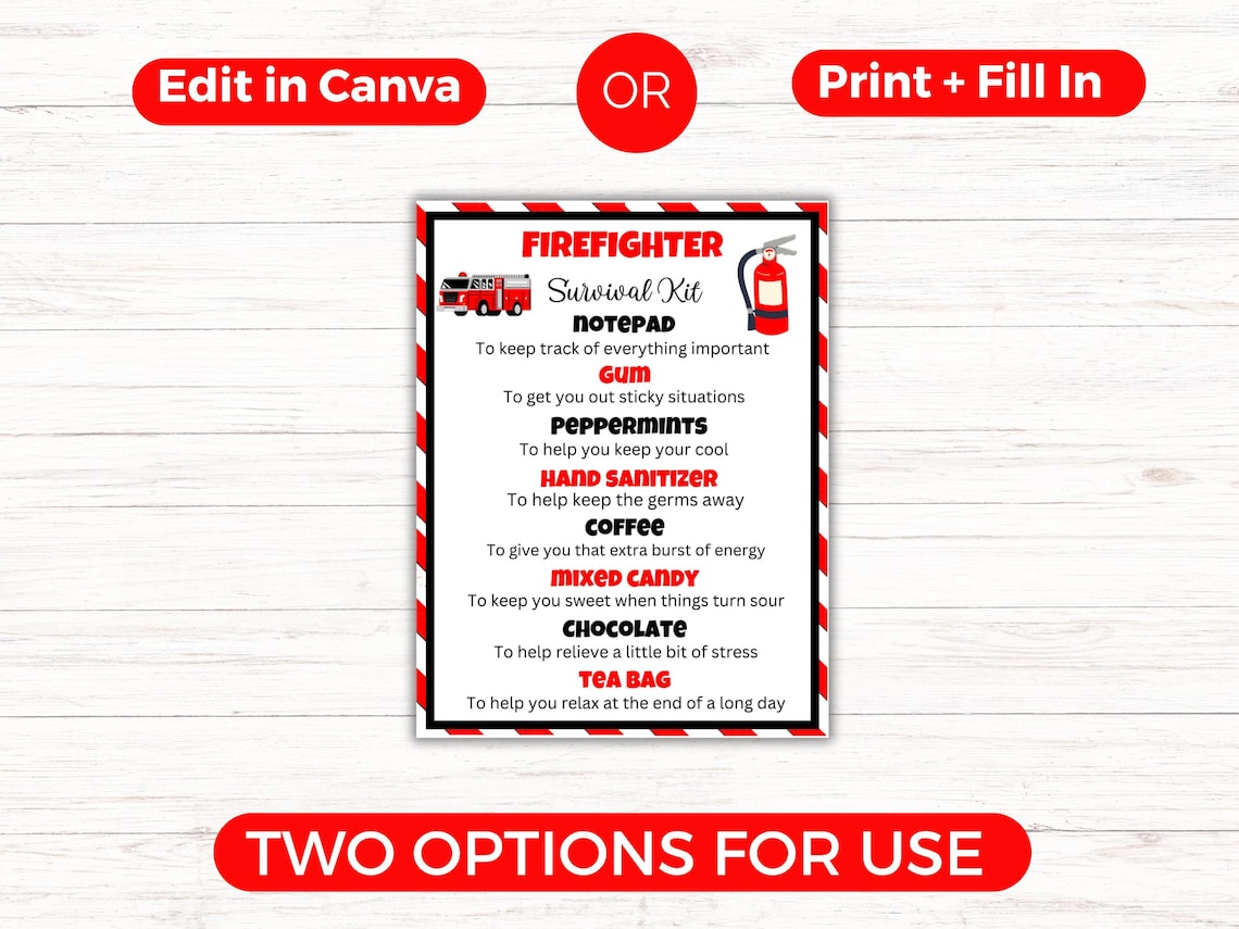 Editable Firefighter Survival Kit Gift Tags, Firefighter Appreciation ...